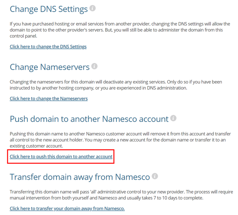 How to Push a Domain Name to another Namesco Account - Support Centre ...