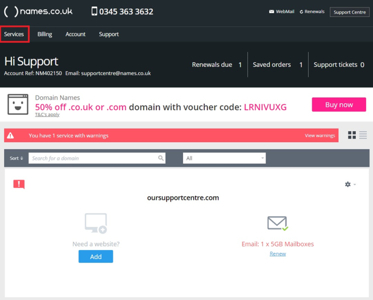 Navigating to your Services on your Names.co.uk account - Support ...