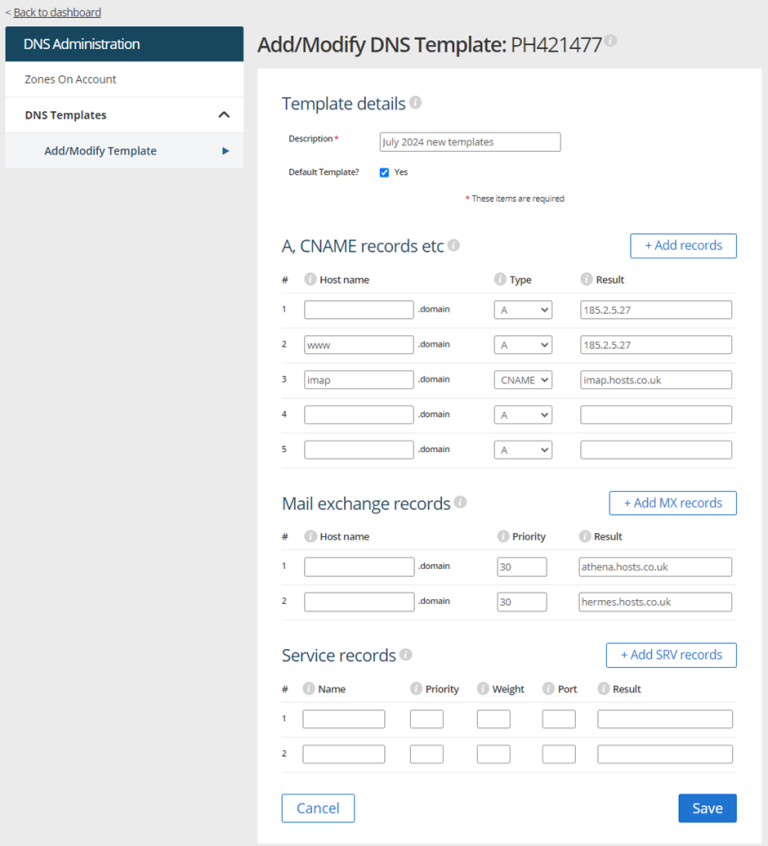 Adding a DNS Template - Support Centre - names.co.uk